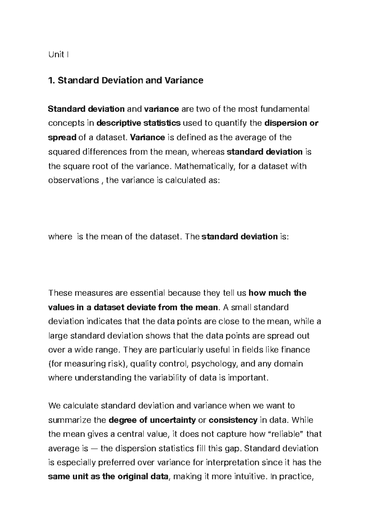 Unit I: Standard Deviation, Variance, and Central Tendency Concepts ...