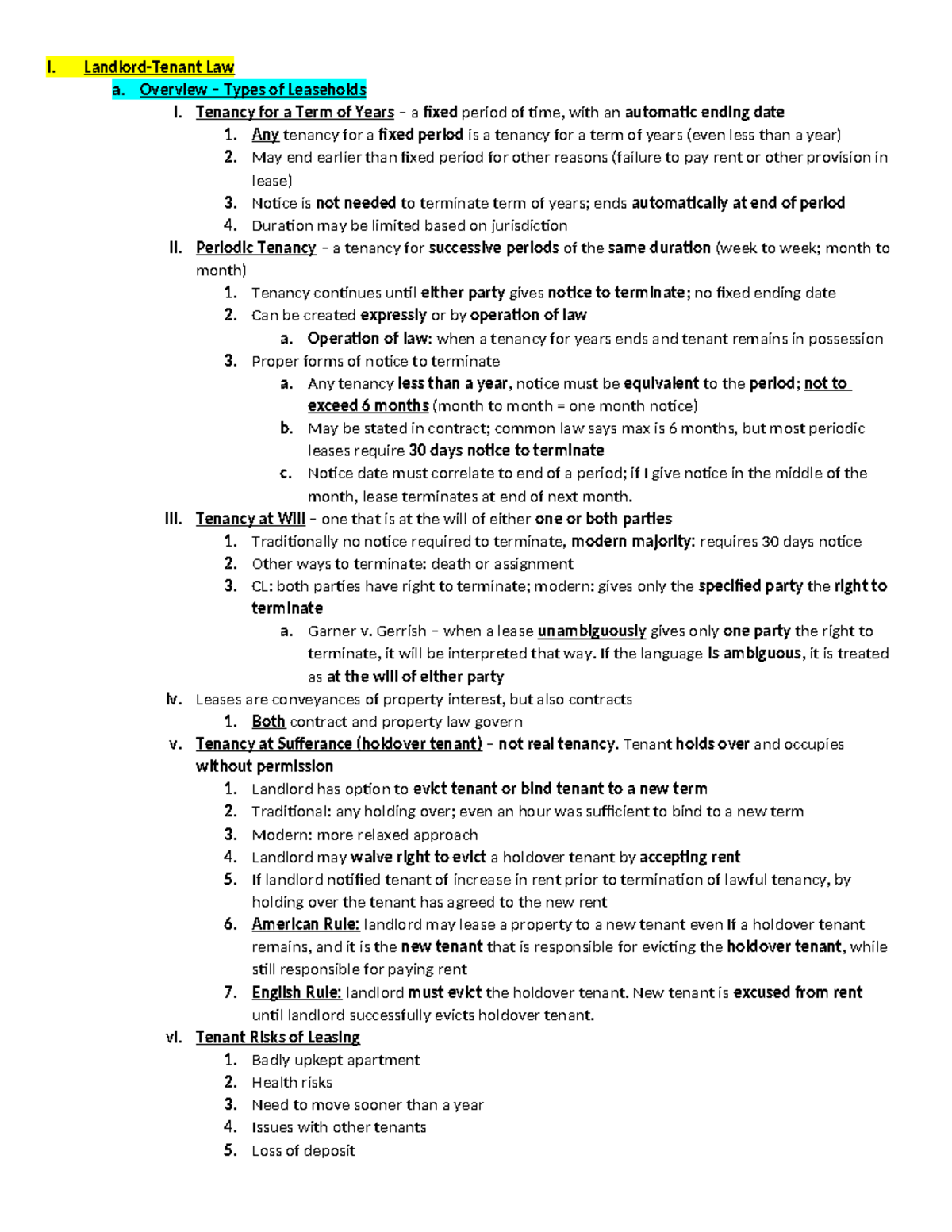 Property Law - Landlord-Tenant Outline (Final Exam Notes) - Studocu