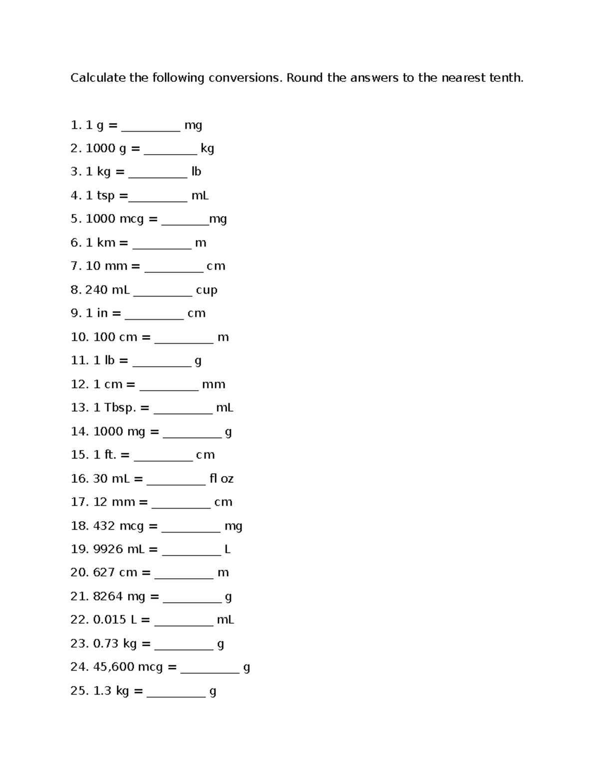 Conversions Practice: Rounding Answers to Nearest Tenth - Studocu
