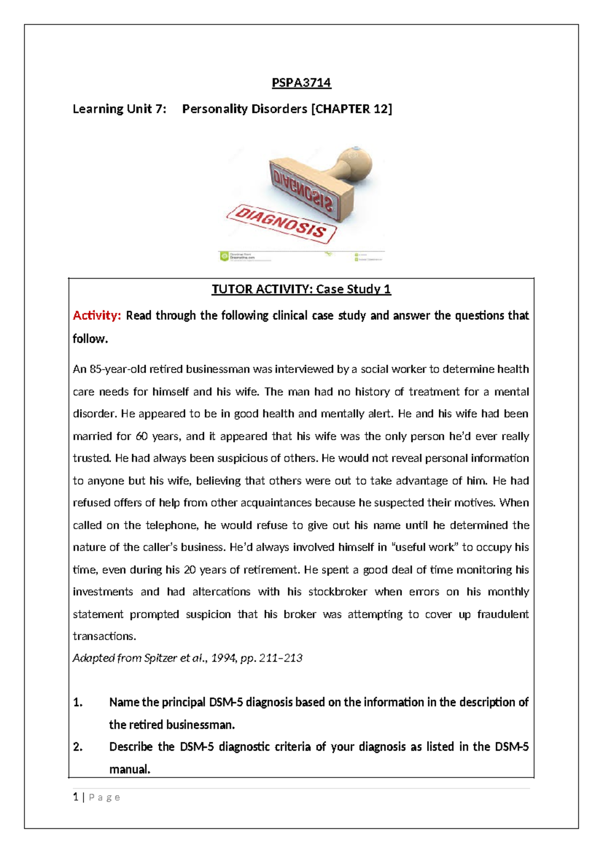PSPA3714 Tutor Activities Answers - Personality Disorders Case Studies ...