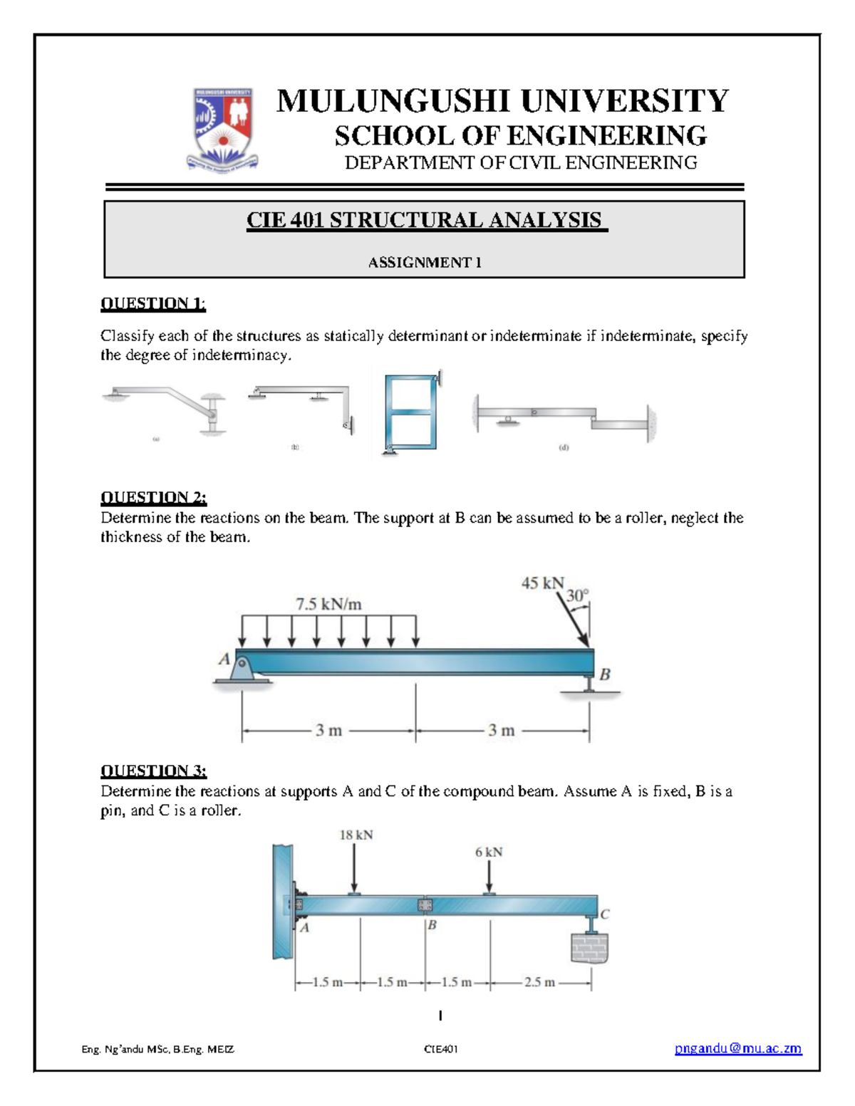 Assignment 1 CIE 401 - practice examples - Eng. Ng’andu MSc, B. MEIZ ...