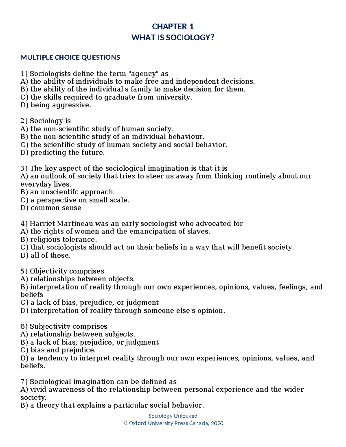 Cumming Test Bank: Sociology Chapter 1 Questions & Answers - Studocu