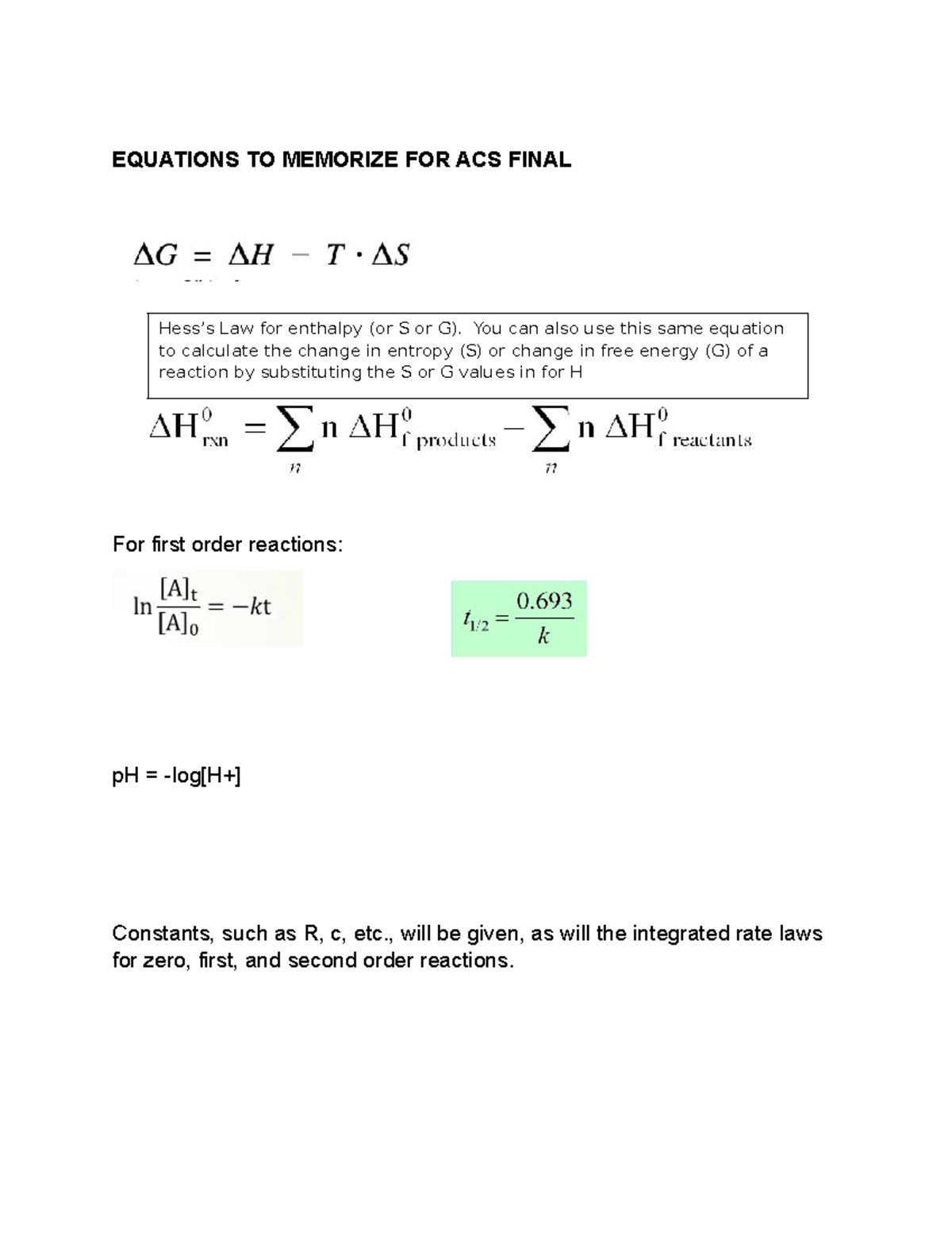 Equations to memorize ACS Final Exam - CHE 112 - EQUATIONS TO MEMORIZE ...