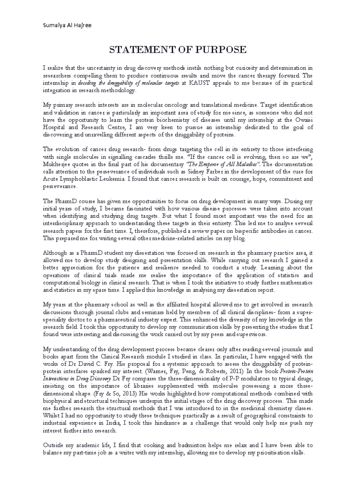 Statement of Purpose for KAUST Internship in Molecular Oncology - Studocu