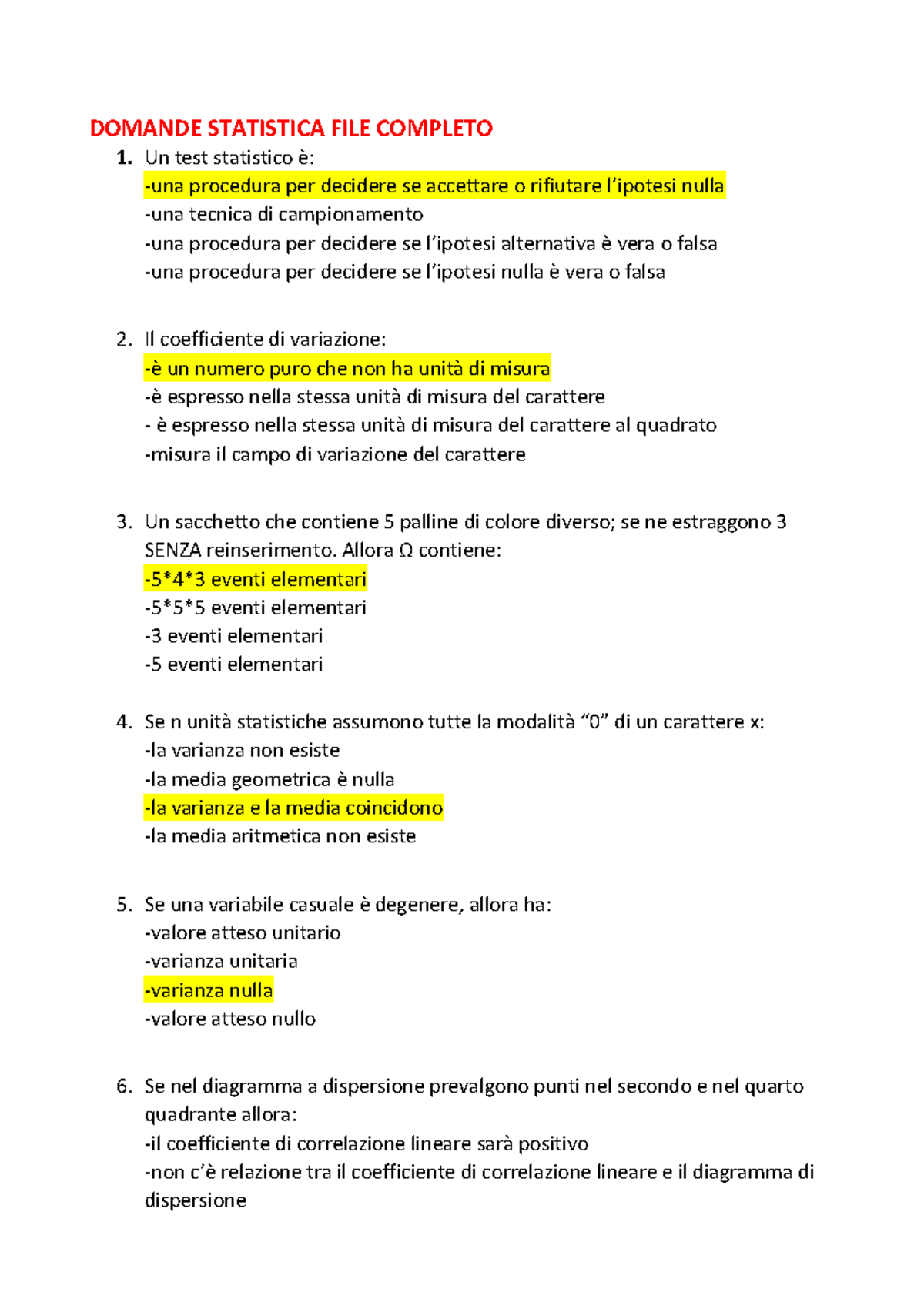 Domande statistica con soluzioni - DOMANDE STATISTICA FILE COMPLETO Un ...