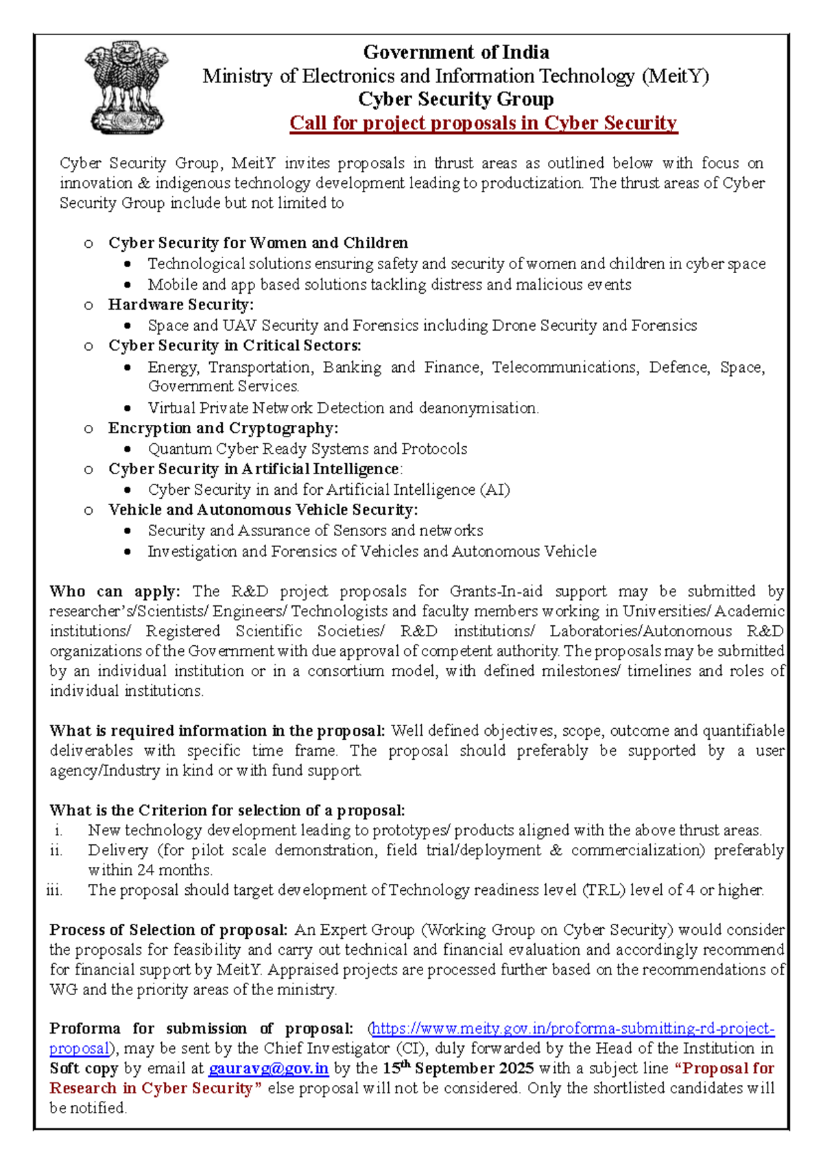 MeitY Cyber Security Group Call for Research Proposals (15 Sep 2025 ...