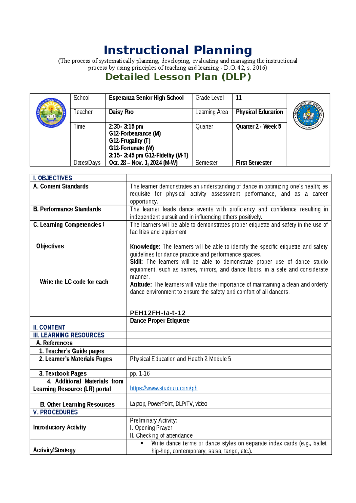DLP-PE12 Q2 W5 - Detailed Lesson Plan for Dance Etiquette & Safety ...