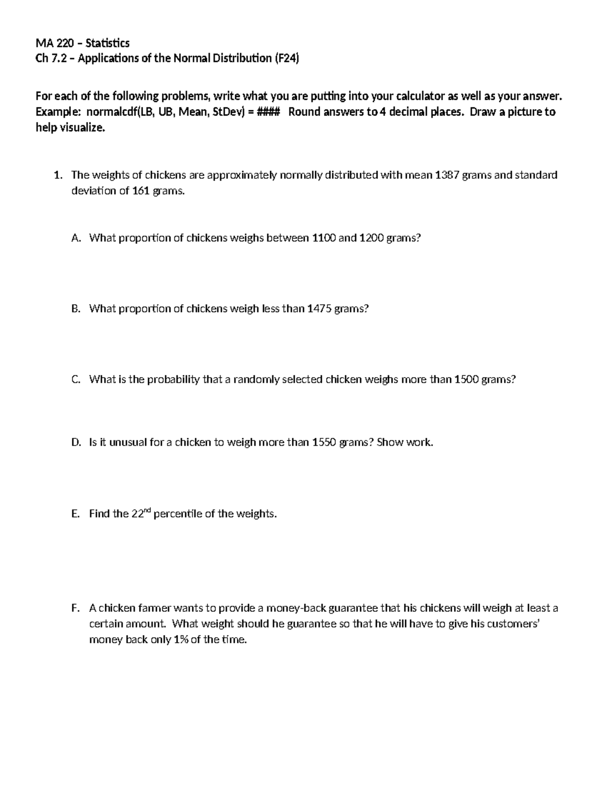 MA 220 Statistics Ch 7 - Applications of Normal Dist (F24) - Studocu