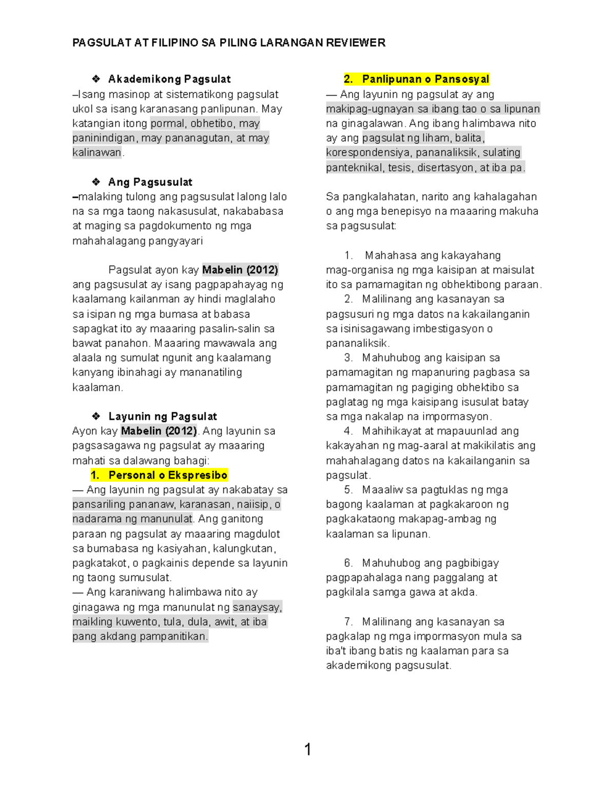 PAGSULAT AT FILIPINO SA PILING LARANGAN REVIEWER (Akademikong Pagsulat ...