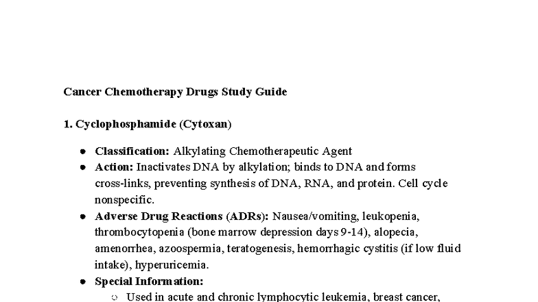 Cancer Chemotherapy Drugs Study Guide: Key Agents & Effects - Studocu