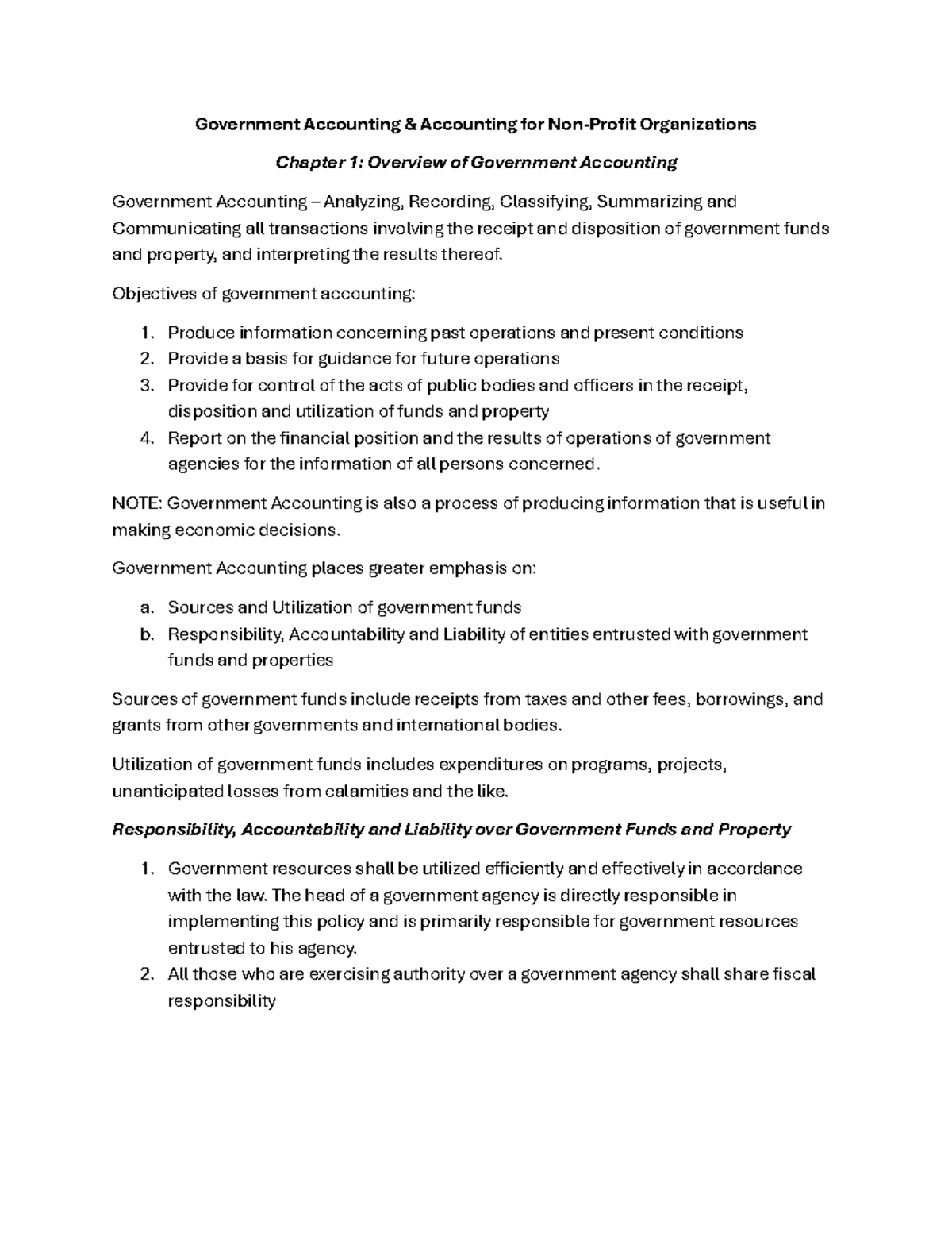 Gov Acc 101: Chapter 1 - Overview of Government Accounting Notes - Studocu