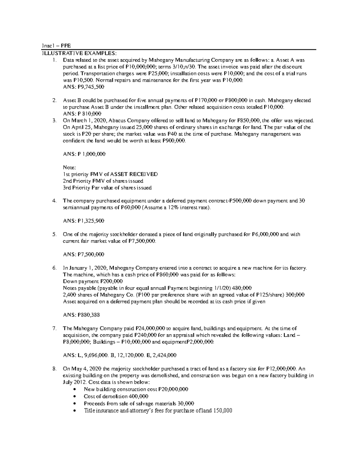 Inac1 PPE Illustrative Examples: Asset Acquisition and Valuation - Studocu