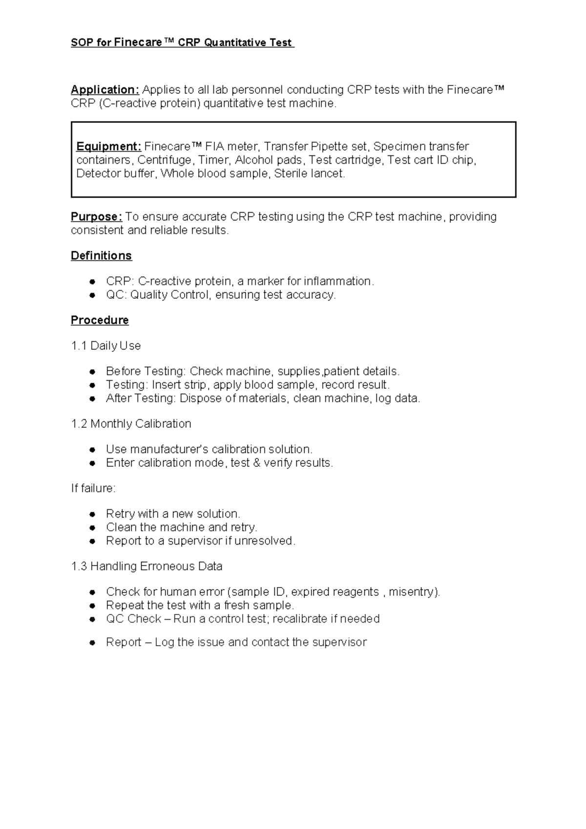 SOP for CRP Quantitative Test Application: Guidelines for Lab Personnel ...