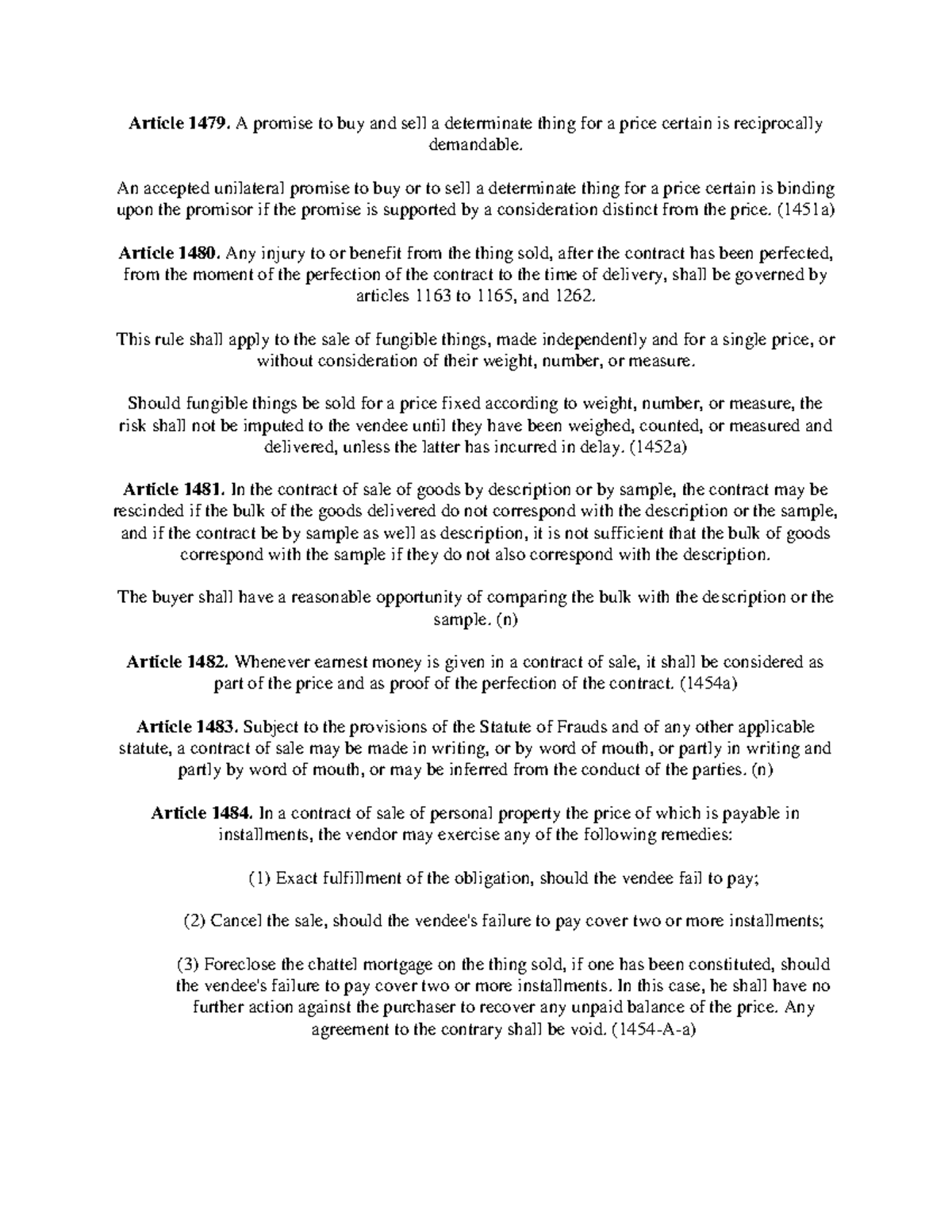 PHL50160-71 - Articles on Contract of Sale and Buyer Capacity - Studocu