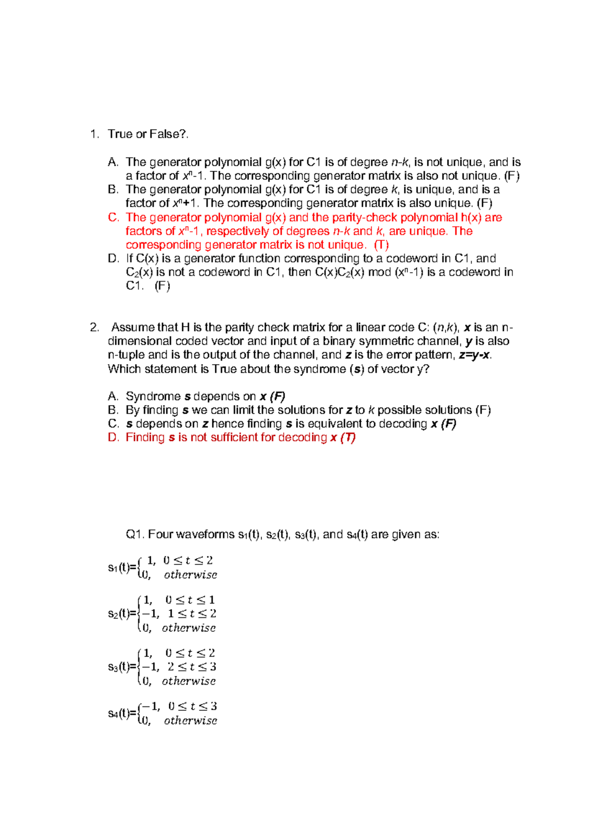 7 Ccemdco Mock Exam Paper - True or False?. A. The generator polynomial ...
