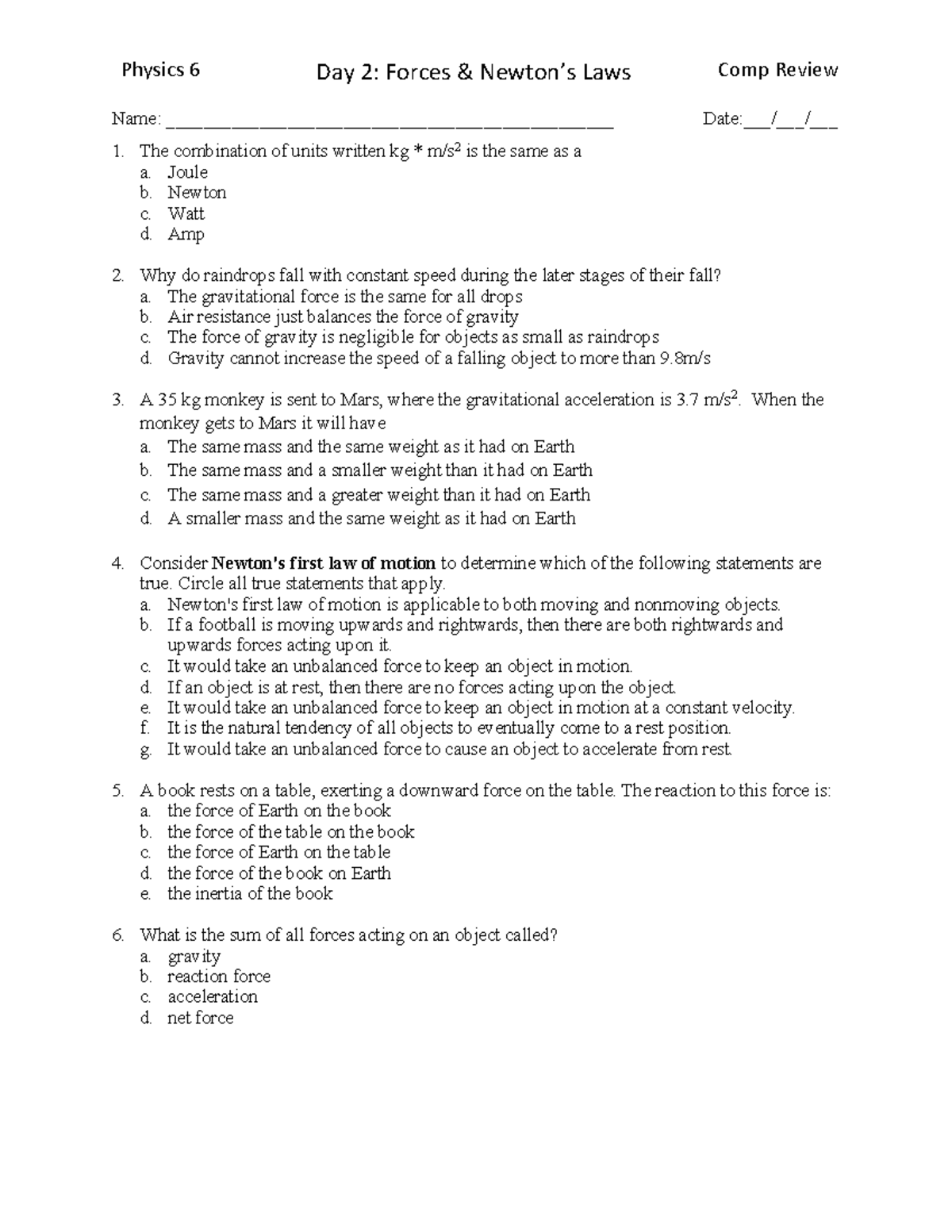 Physics 6 Final Exam Review: Forces, Newton's Laws & Motion Concepts ...