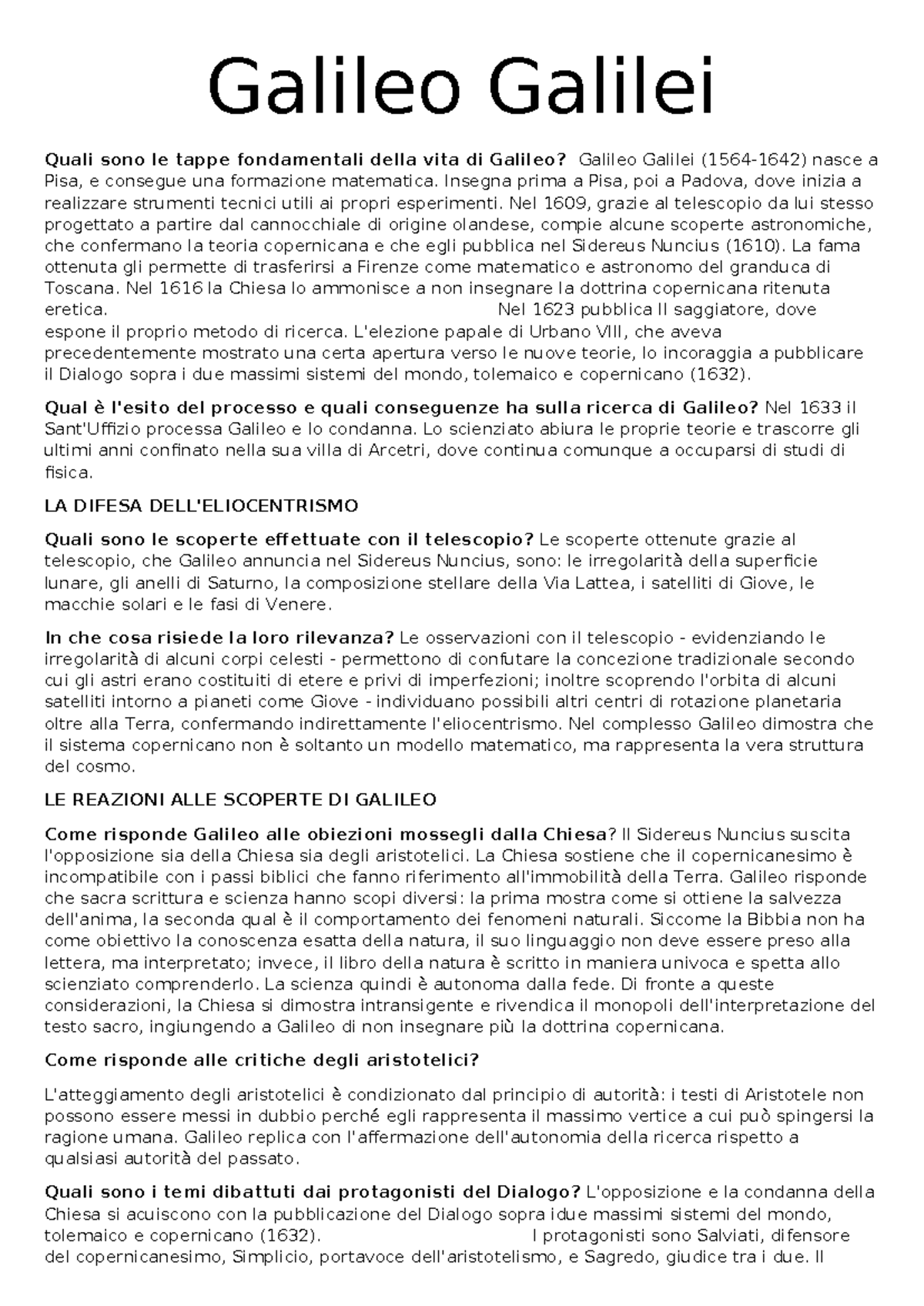 Galileo Galilei: Tappe Fondamentali e Scoperte Astronomiche - Studocu