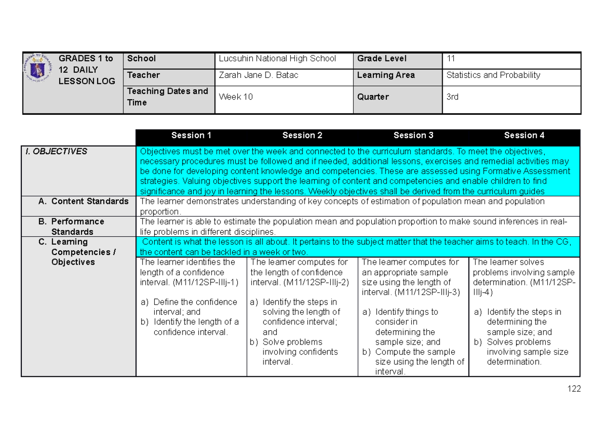 Lesson Plan for Statistics (M11/12SP) – Week 10 Overview - Studocu