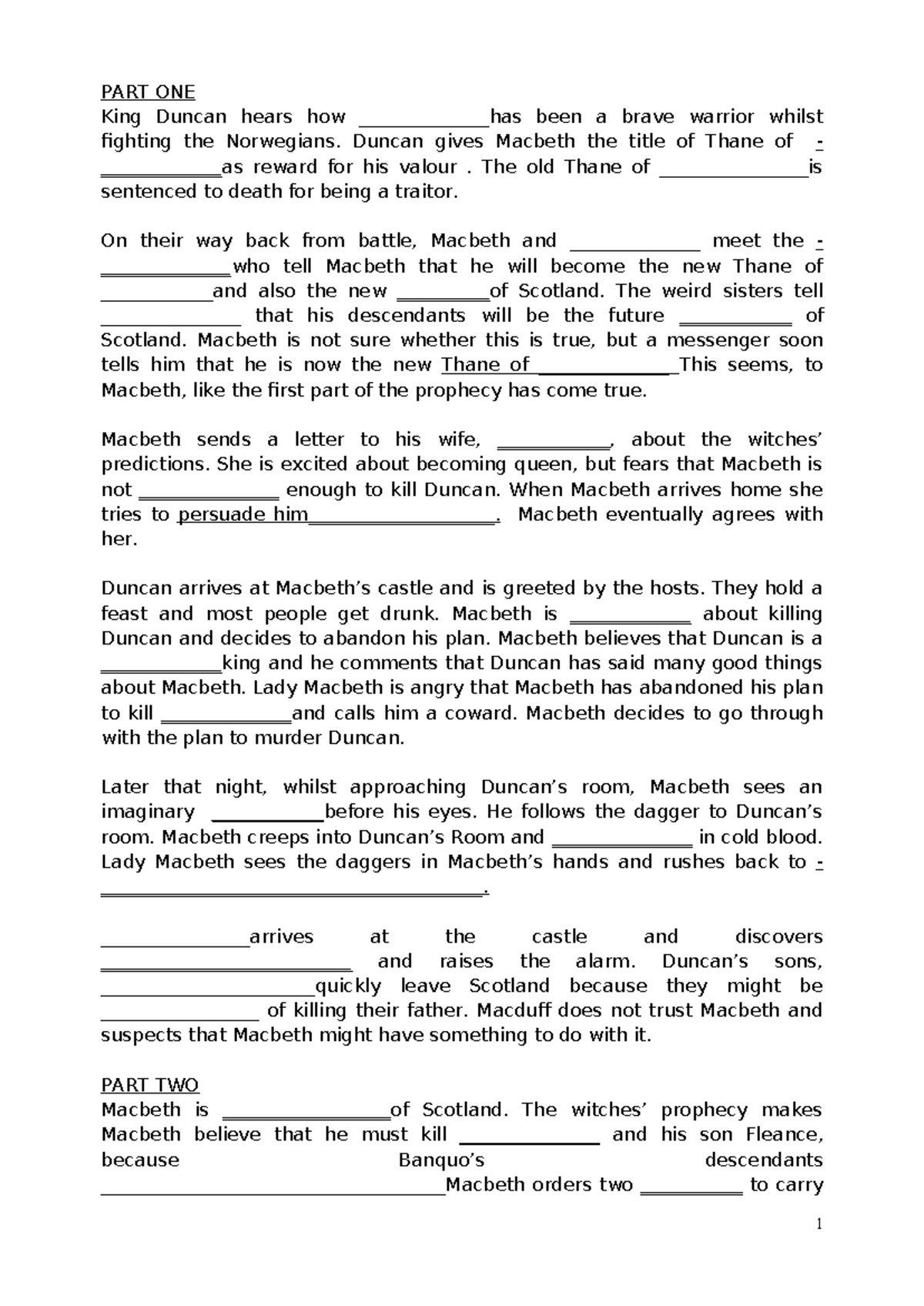 Macbeth Plot Cloze Notes (ENG 101) - Key Events and Characters - Studocu
