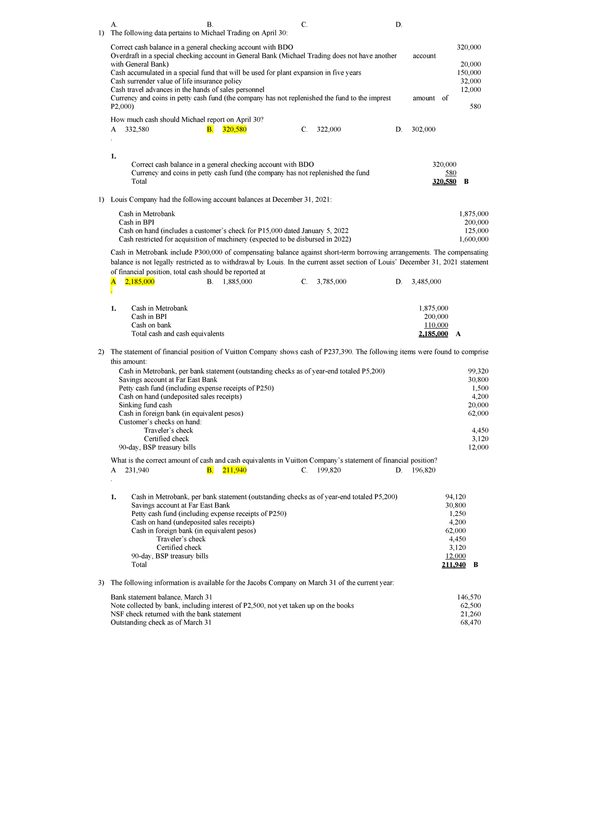 C&CE TEST BANK 1 - Cash and Cash Equivalents Practice Questions - Studocu