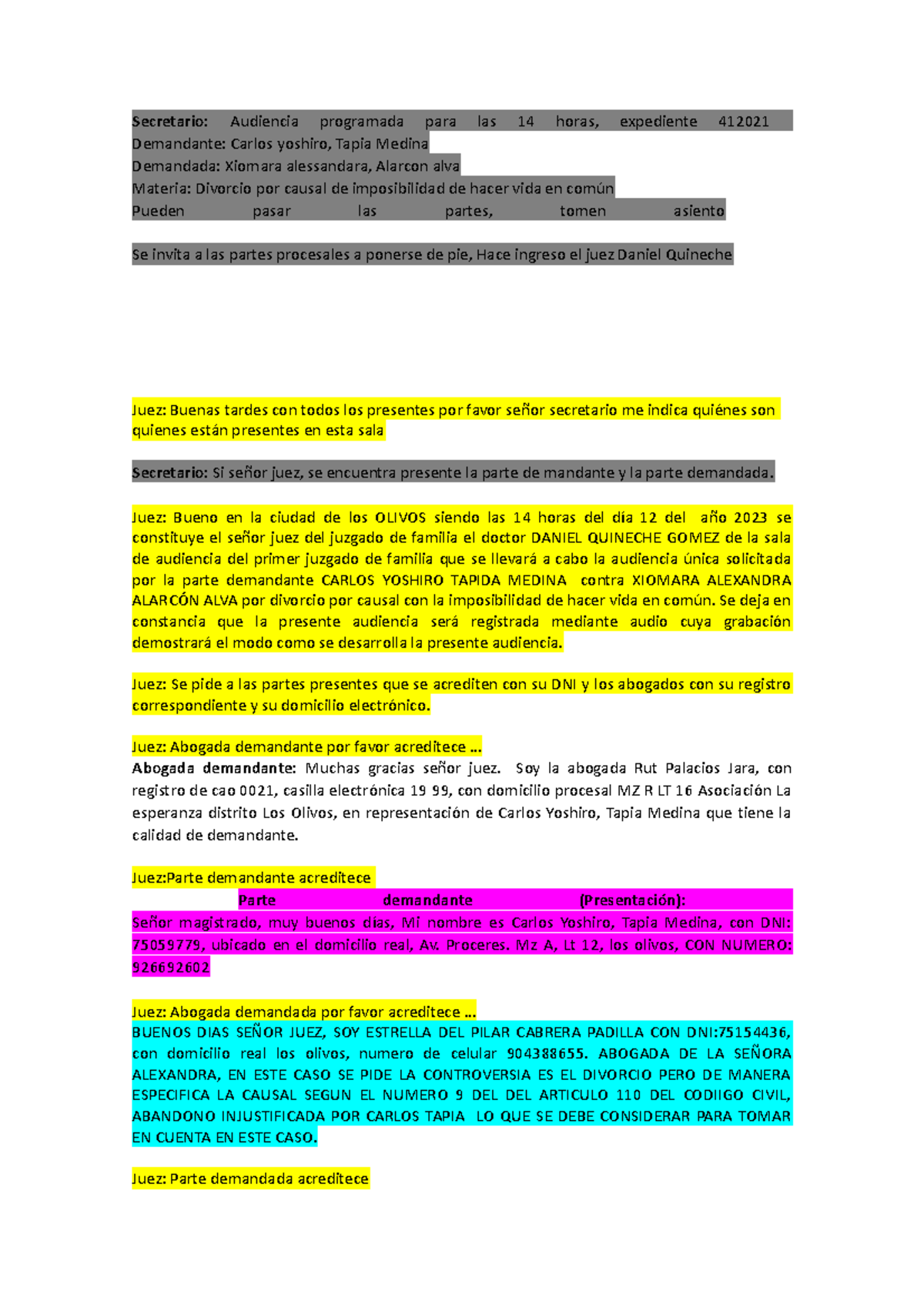 Audiencia de Divorcio: Carlos Tapia Medina vs. Alessandra Alarcón (Exp ...