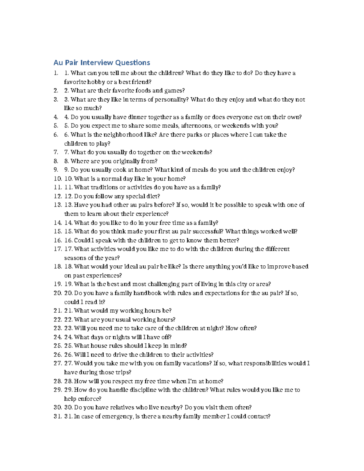 Au Pair Interview Questions: Essential Queries for Candidates - Studocu