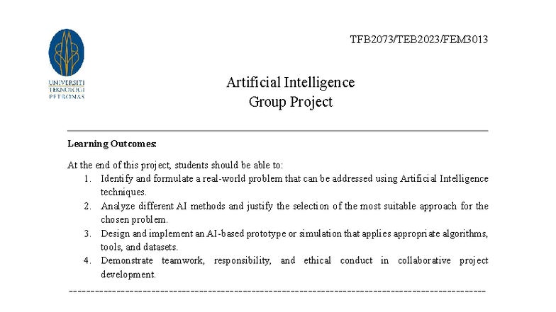 AI Group Project Proposal & Learning Outcomes (Due: Sept 25) - Studocu