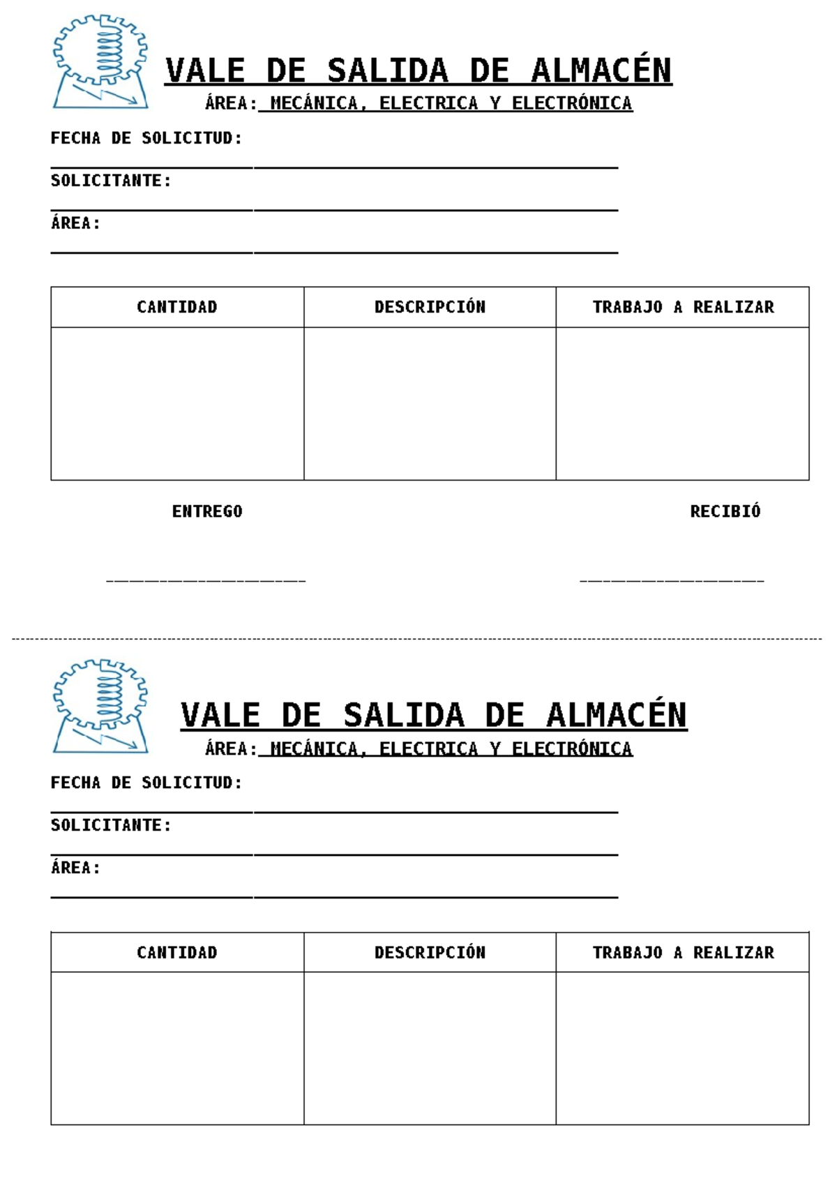 VALE DE Salida DE Almacén- Actualizado - VALE DE SALIDA DE ALMACÉN ÁREA: MECÁNICA, ELECTRICA Y ...