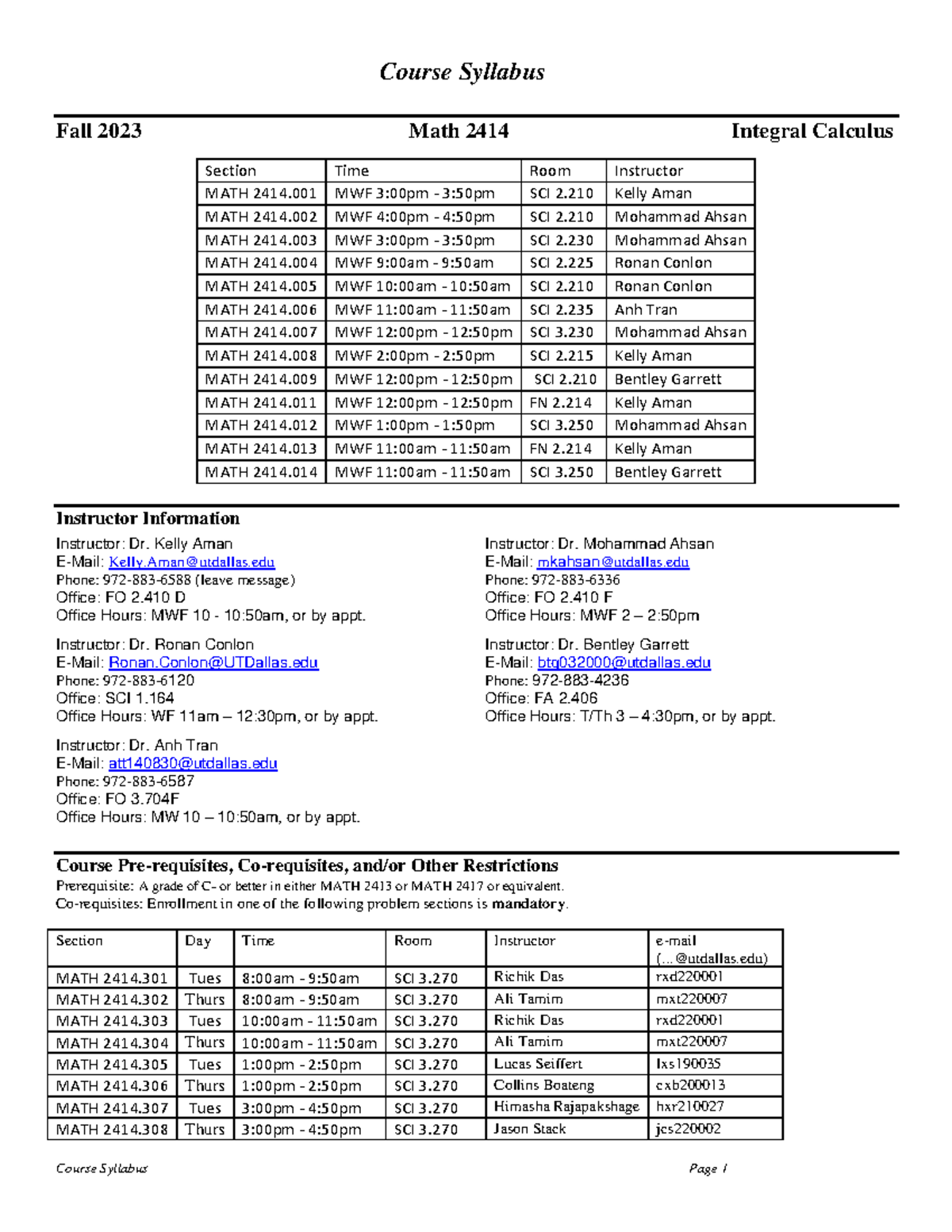 MATH 2414 Fall 2023 Integral Calculus Syllabus and Course Details - Studocu