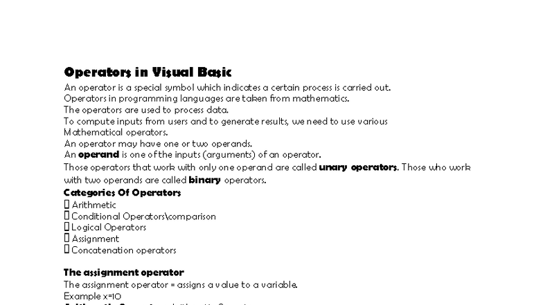Operators & Data Types in Visual Basic: Key Concepts Explained - Studocu