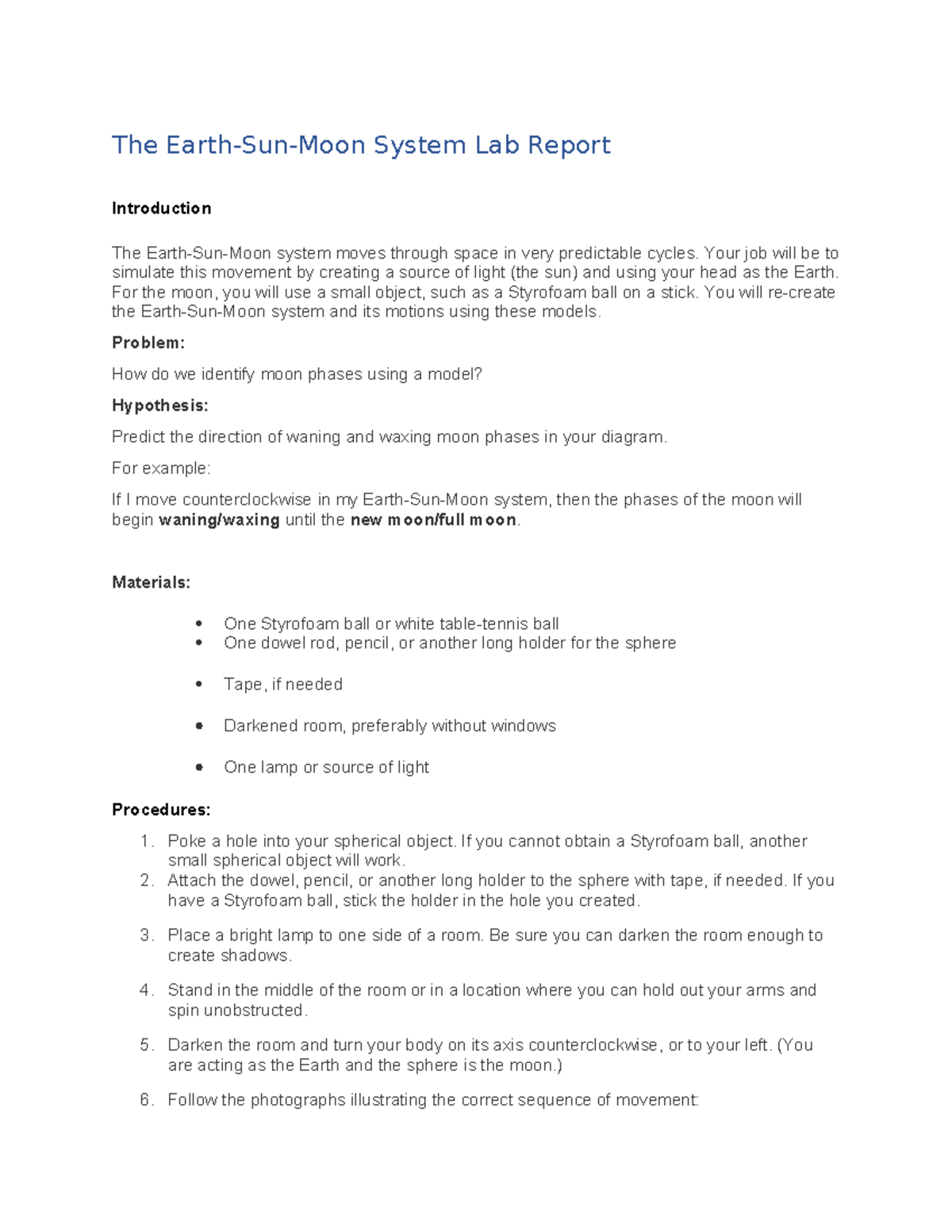 8.06 Lab Report: Modeling Earth, Sun, and Moon Phases - Studocu