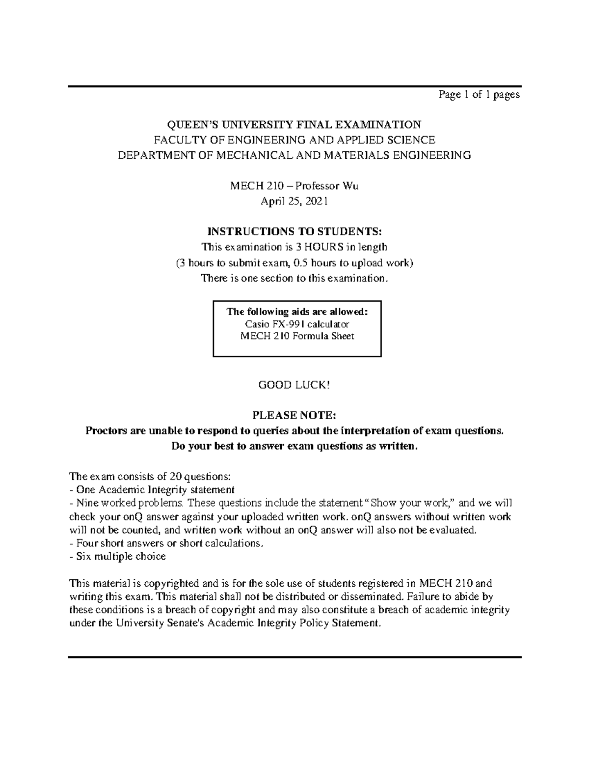 MECH 210 Final Exam: Electrical Circuits & Motors Overview - April 2021 ...