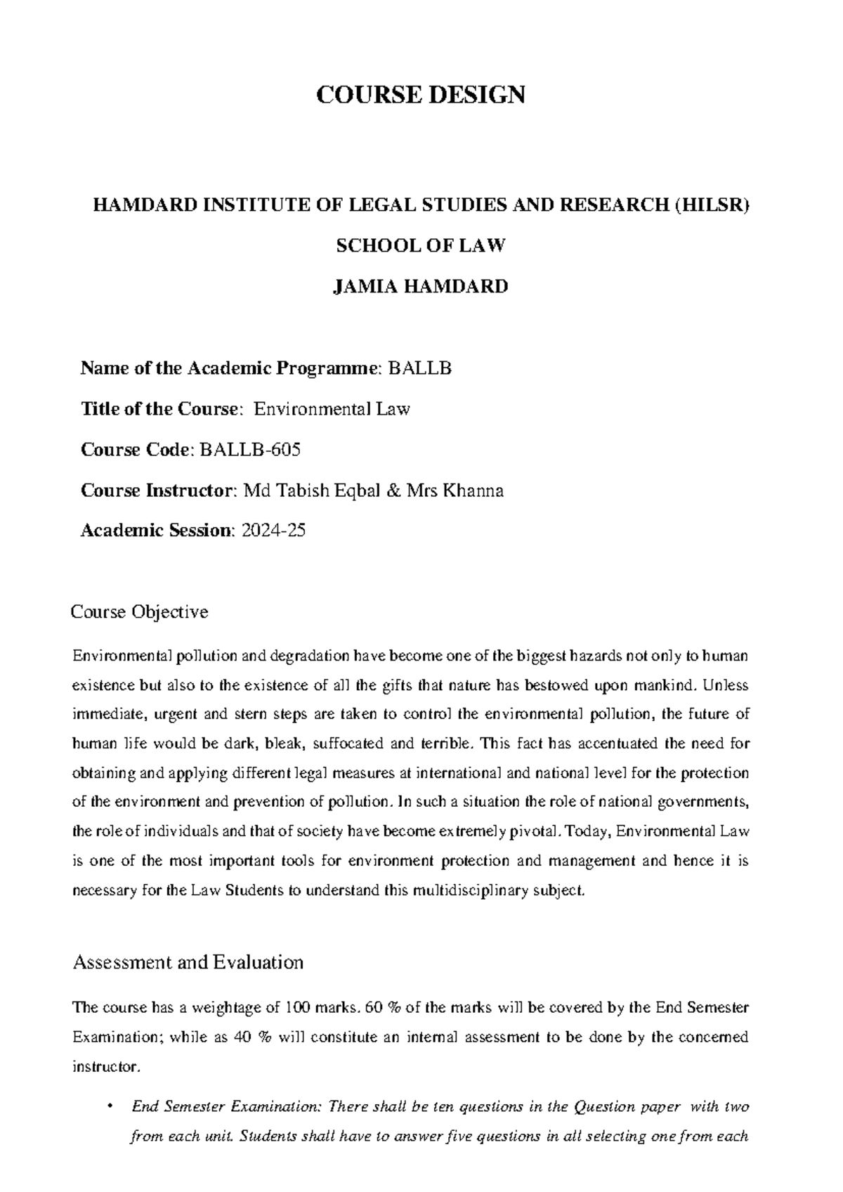 Environmental Law Syllabus - BALLB Course Code: HILSR - Studocu