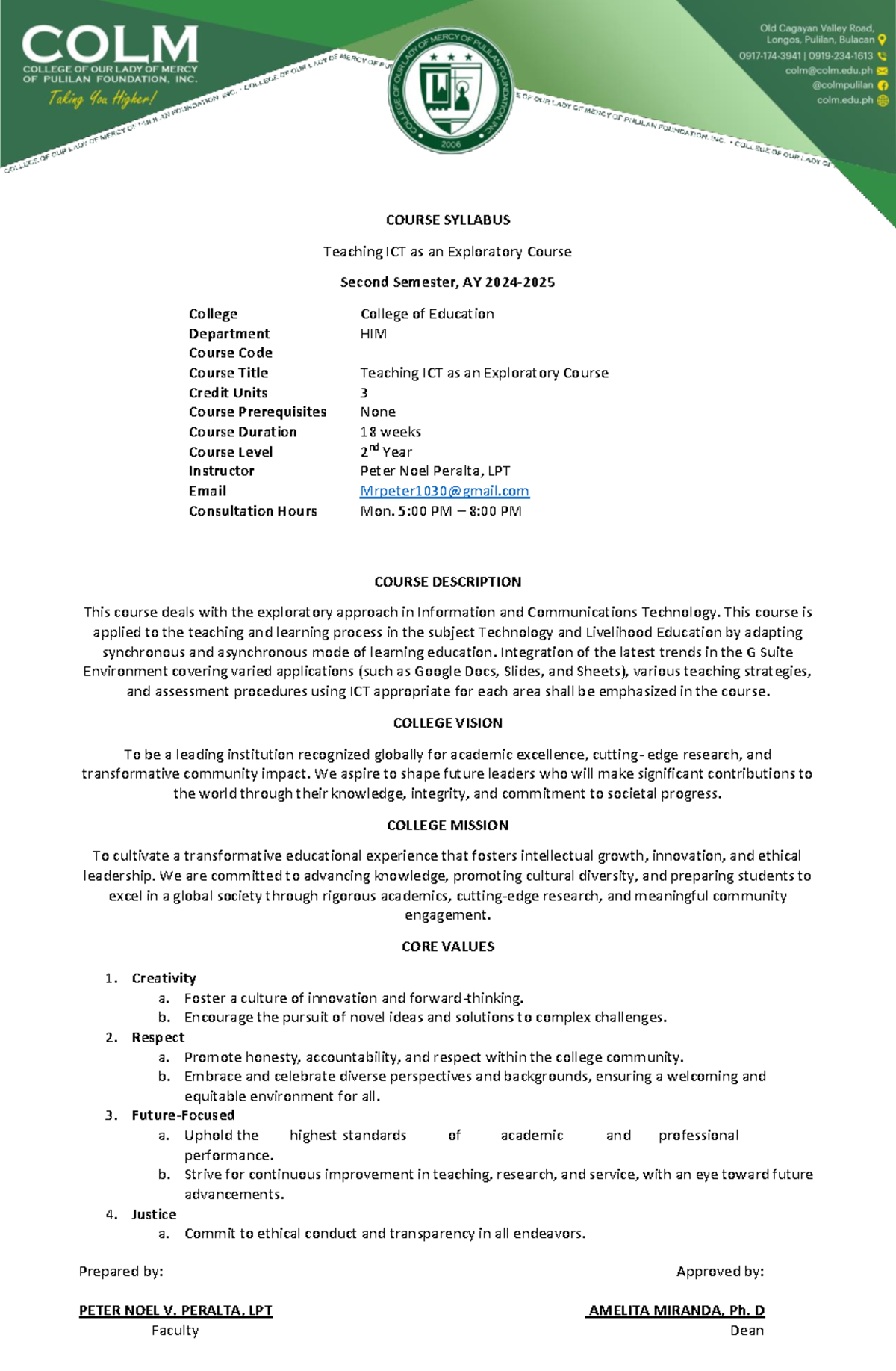 Course Syllabus Teaching ICT 2024-2025 - Prepared by: Approved by ...