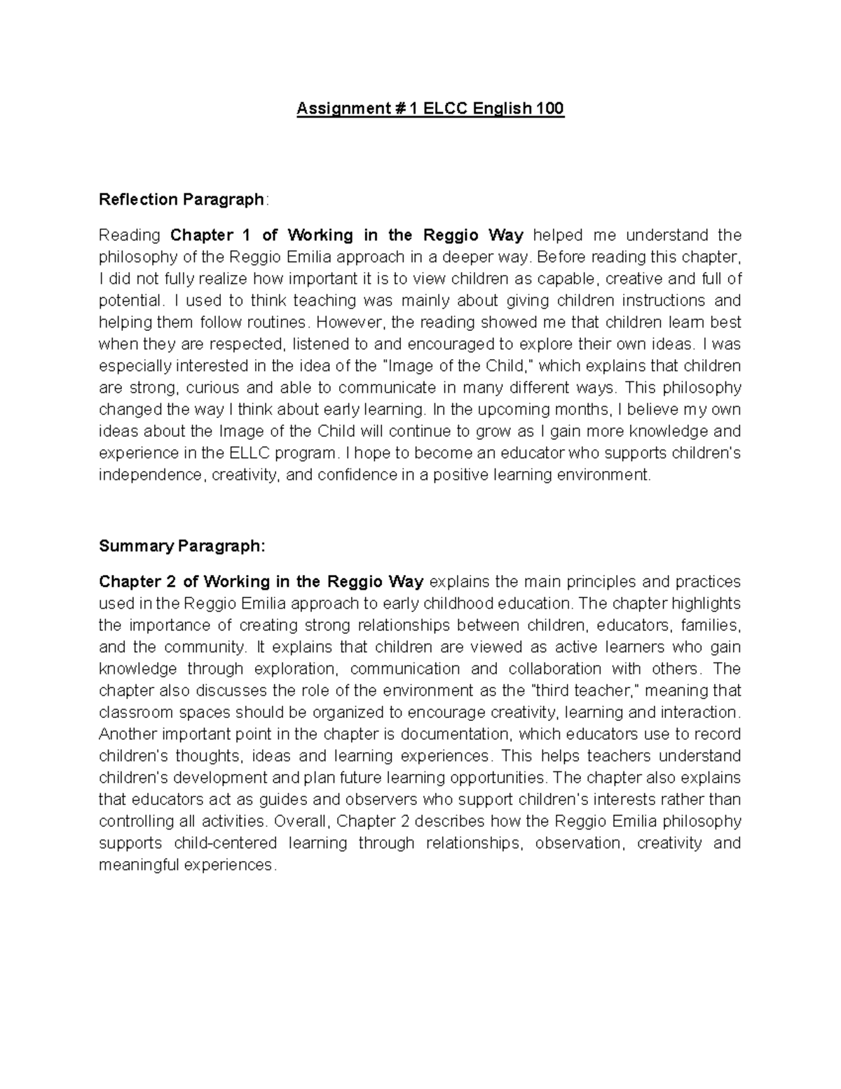 ELCC 100 Assignment 1: Reflection on Reggio Emilia Philosophy - Studocu