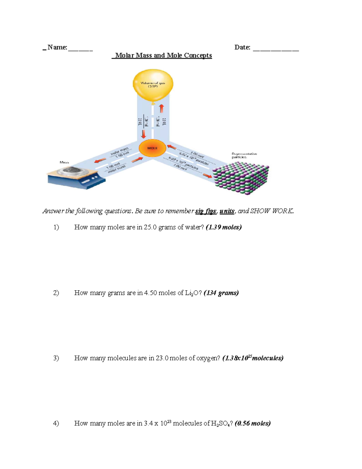 Molar Mass & Mole Concepts Practice Worksheet (Chem 101) - Studocu