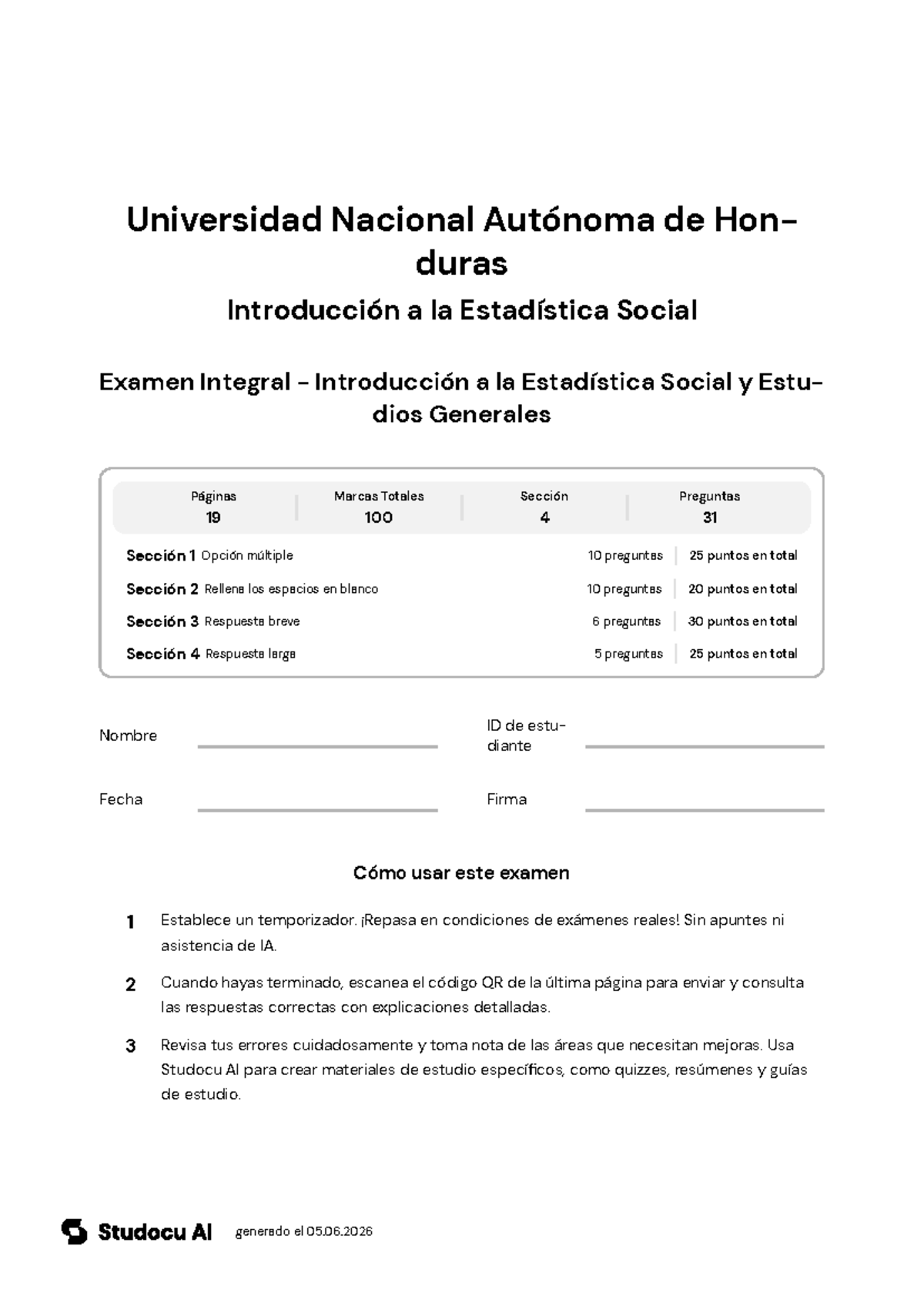 Examen Integral - Introducción a la Estadística Social - Studocu