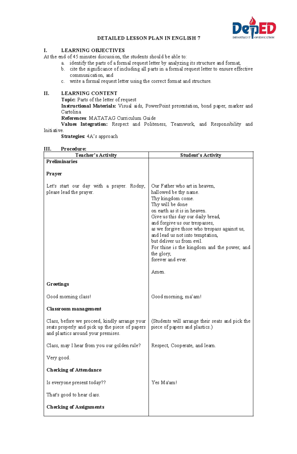 Detailed Lesson Plan: Parts of a Formal Request Letter (ENG 7) - Studocu