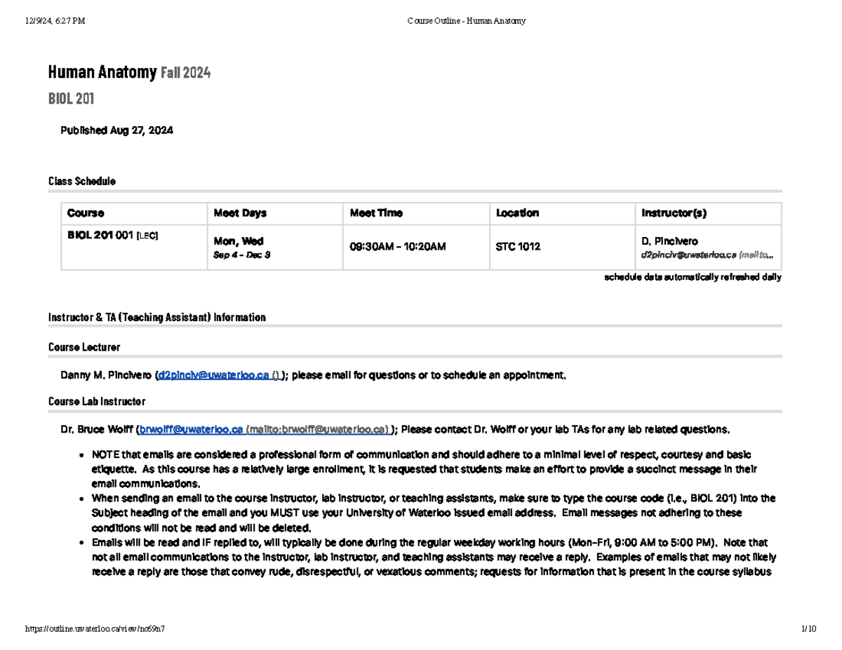 BIOL 201 Human Anatomy Syllabus & Lecture Schedule Fall 2024 - Studocu
