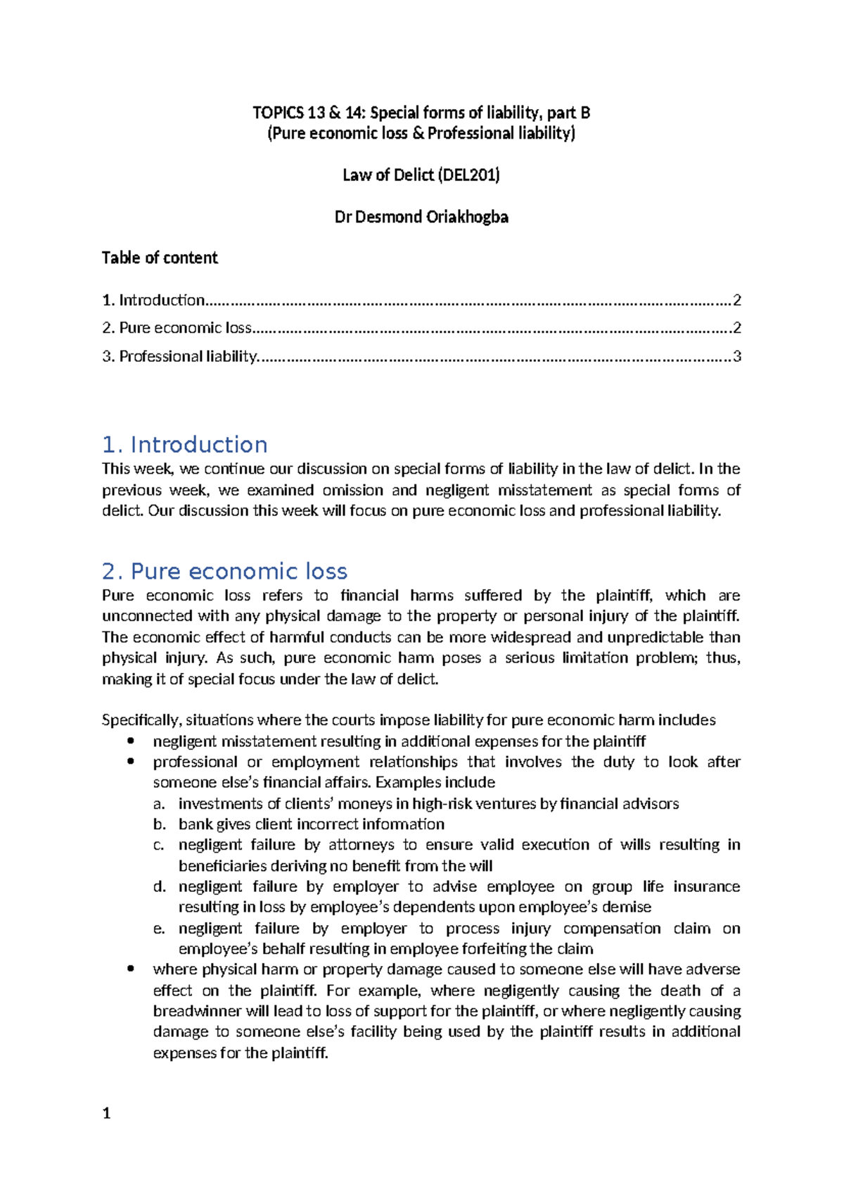 Topics 13 & 14: Pure Economic Loss & Professional Liability in DEL201 ...