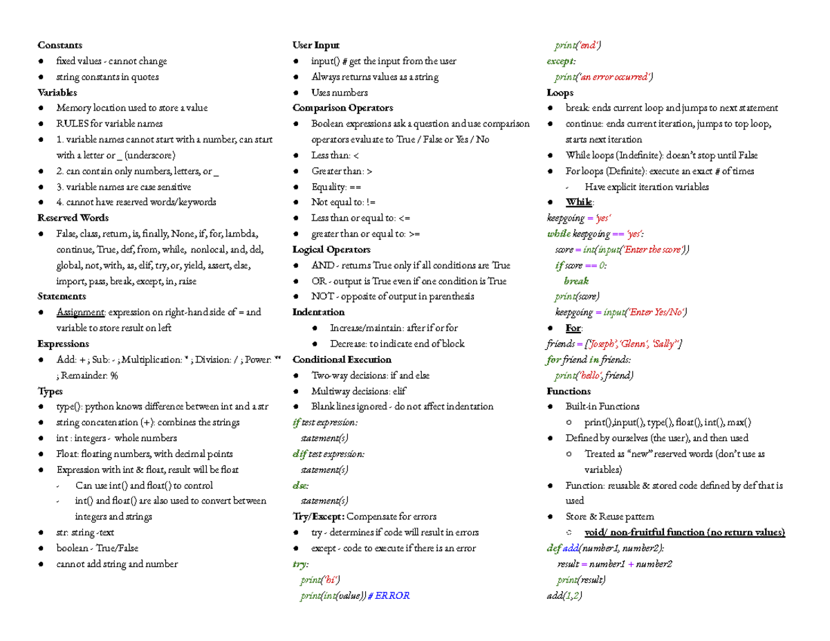 CQS 311 Midterm Sheet - yes - Constants xed values - cannot change ...