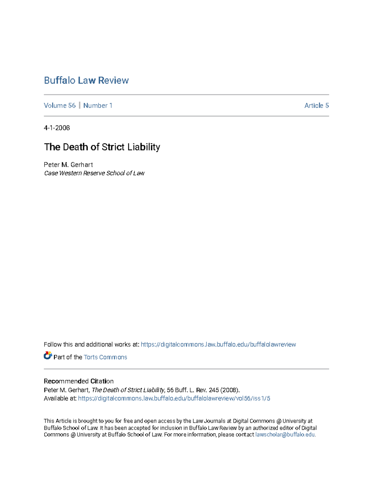 Buffalo Law Review 56:1 - The Death of Strict Liability by Peter M ...