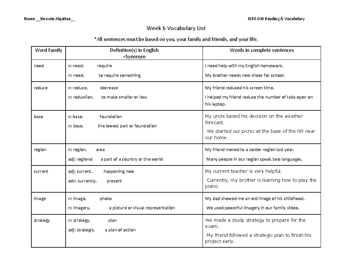 IEPA 034 Week 6 Vocabulary List: Family & Life Sentences - Studocu