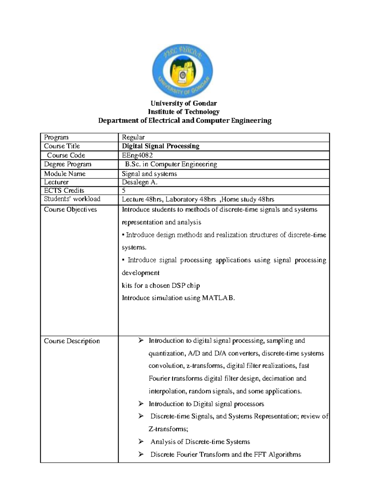 EEng4082 Digital Signal Processing Course Outline - Studocu