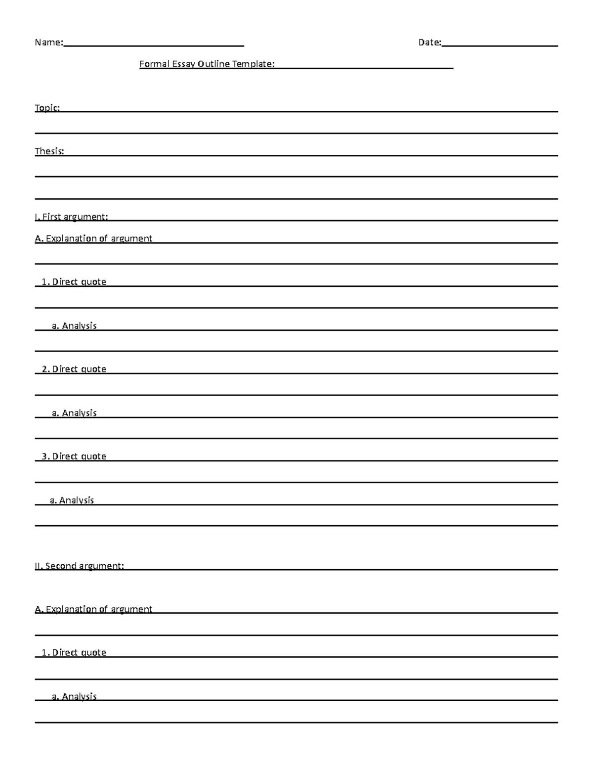 Formal Essay Outline Template - Name: Date: Formal Essay Outline ...