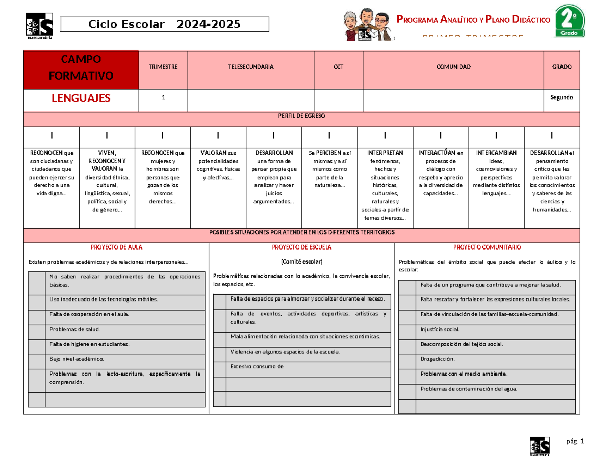 Ciclo Escolar 2024: Programa Analítico y Plano Didáctico - 2º Grado, Primer - Studocu