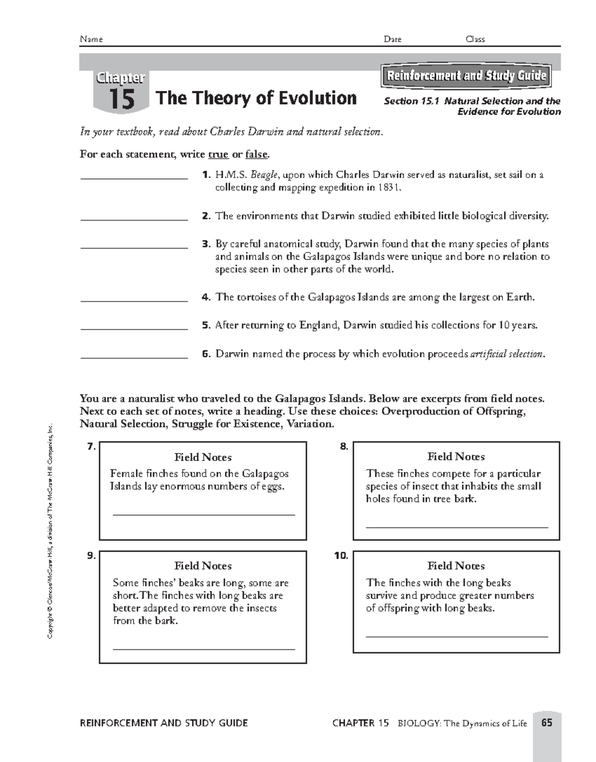 Chapter 15 Worksheet: Exploring the Theory of Evolution in Biology ...