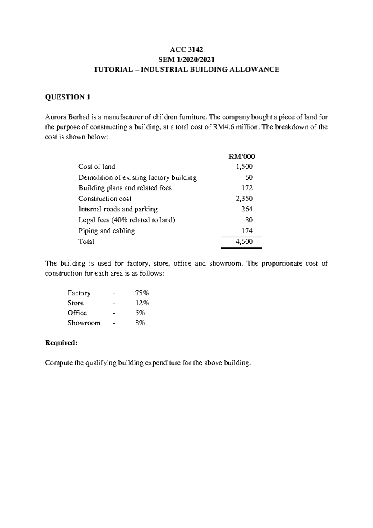 ACC 3142 Industrial Building Allowance Tutorial: Key Calculations ...