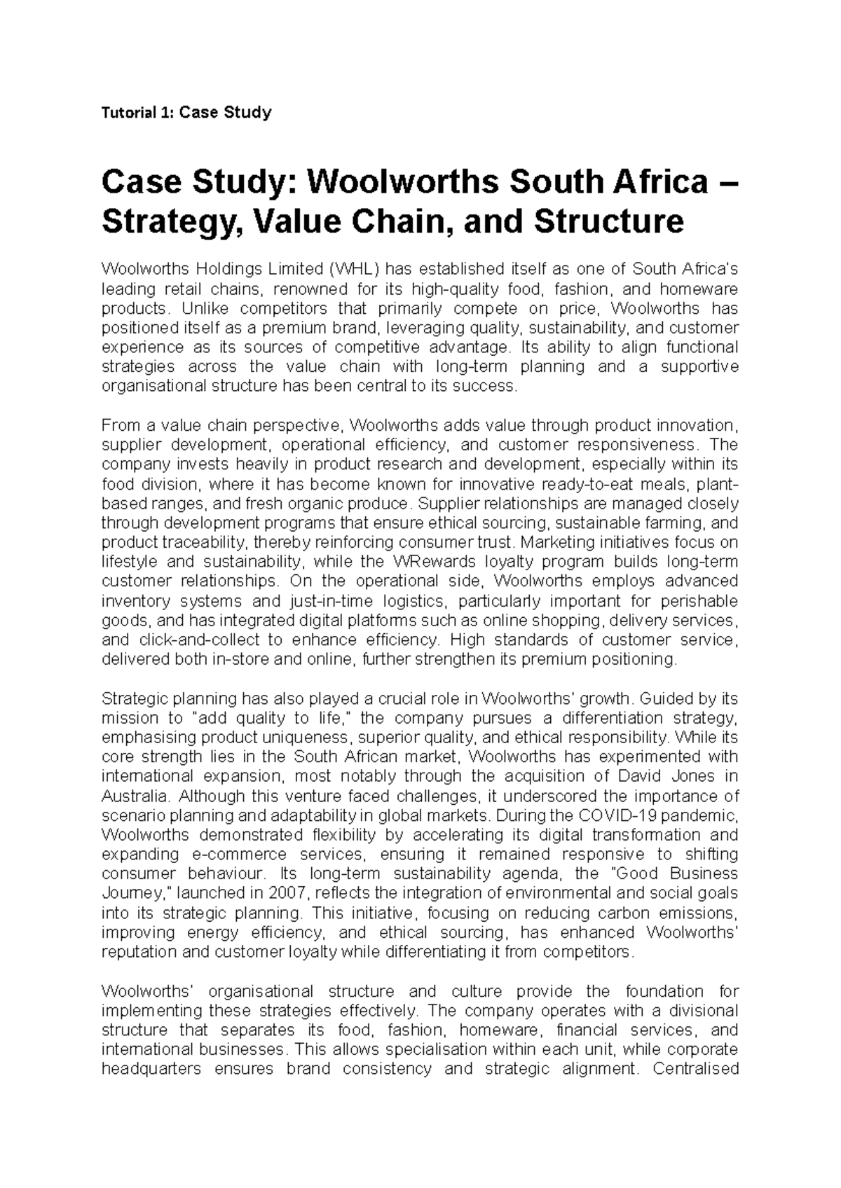 OBS 124: Case Study on Woolworths SA Strategy & Value Chain - Studocu