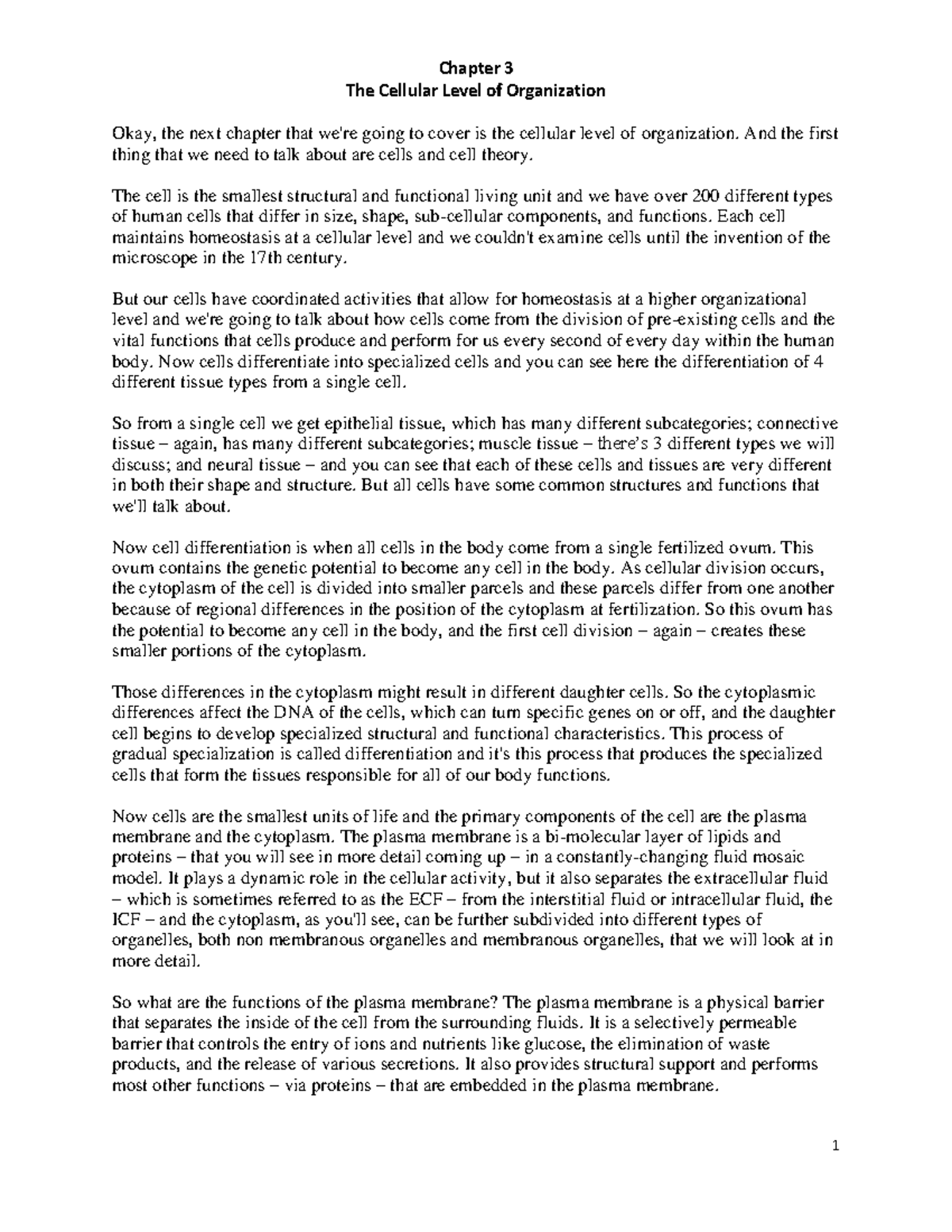 Chapter 3: The Cellular Level of Organization - Key Concepts and ...